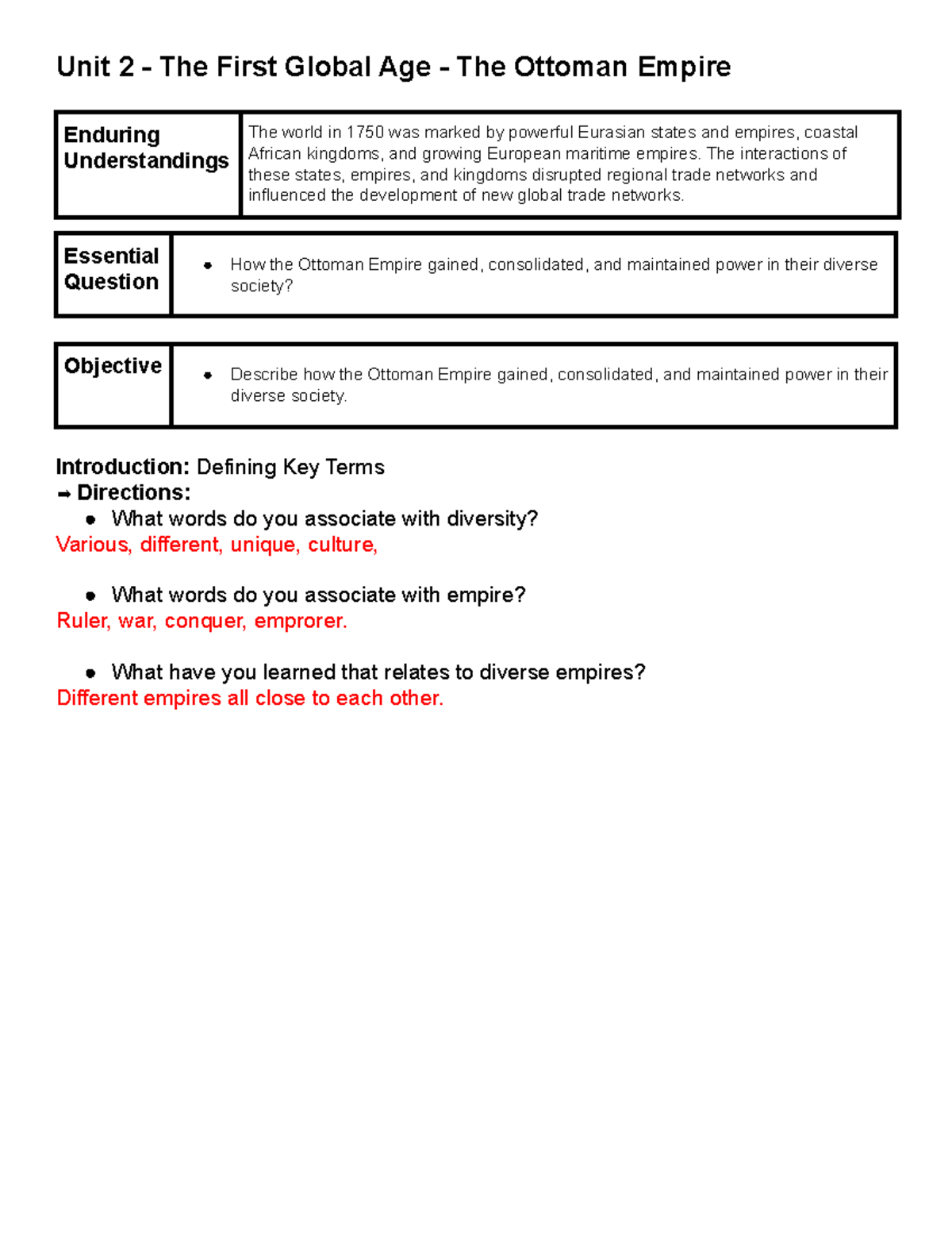 Ottoman Empire - Academic w o Graphic Organizers - Unit 2 - The First ...