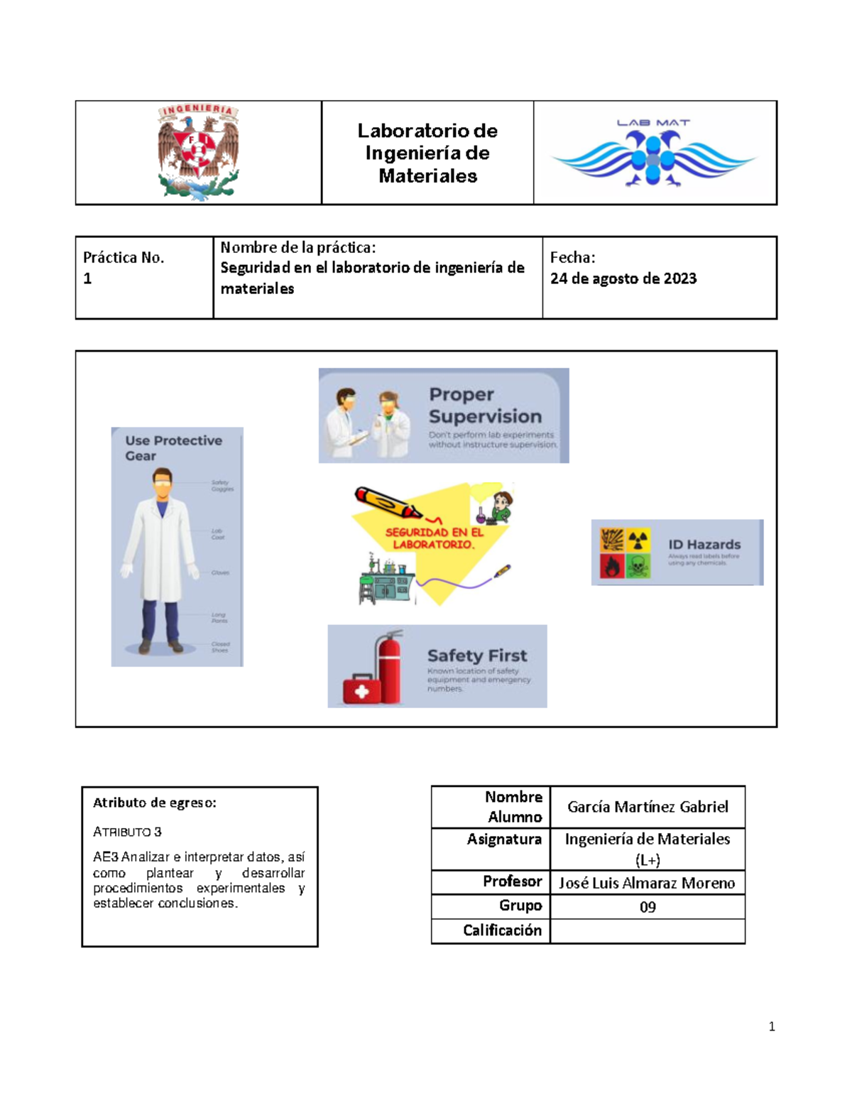 Practica 1. Seguridad en el laboratorio - Laboratorio de IngenierÌa de Materiales Pr·ctica No. 1 ...