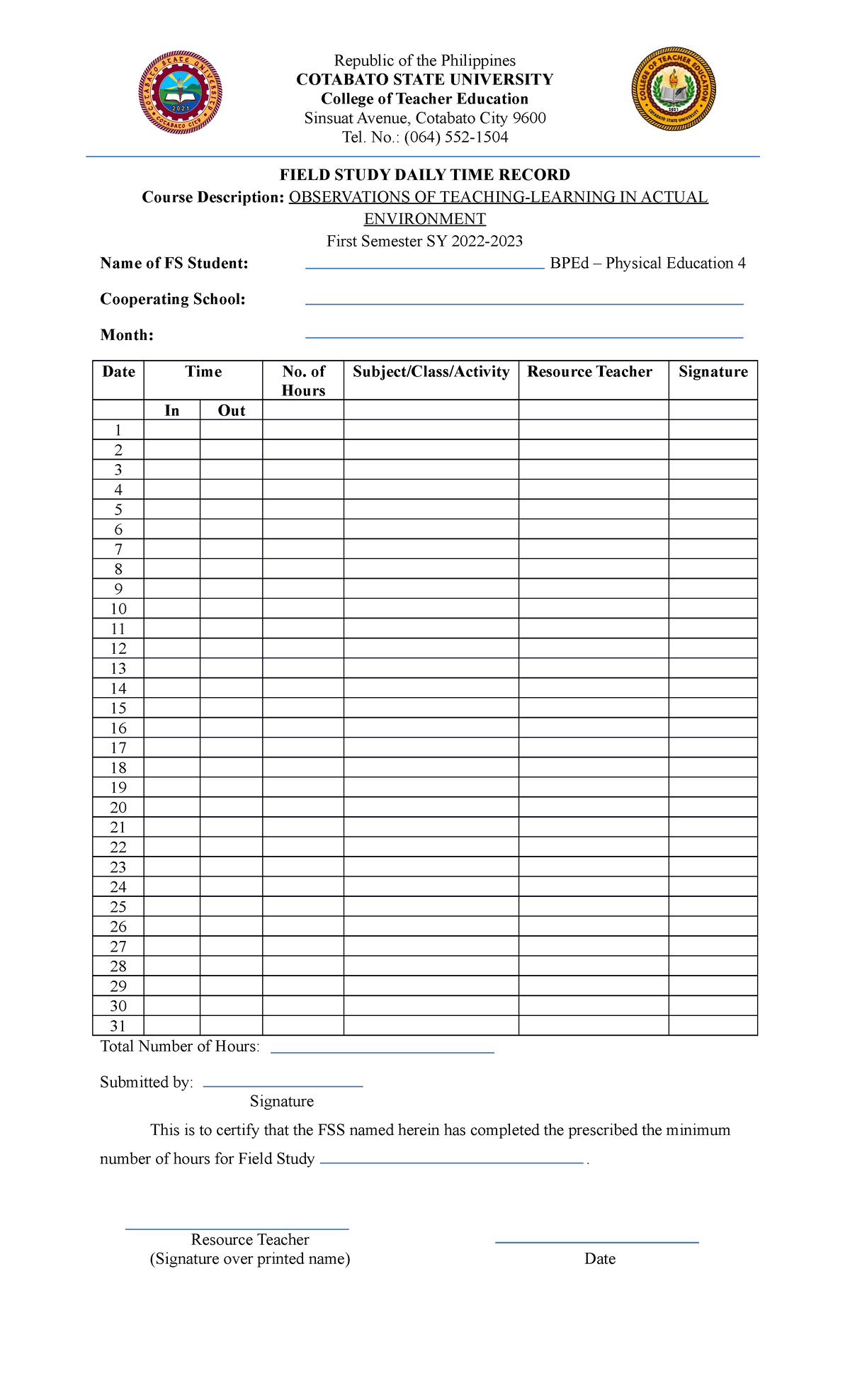 Field Study Daily TIME Record - Republic of the Philippines COTABATO ...