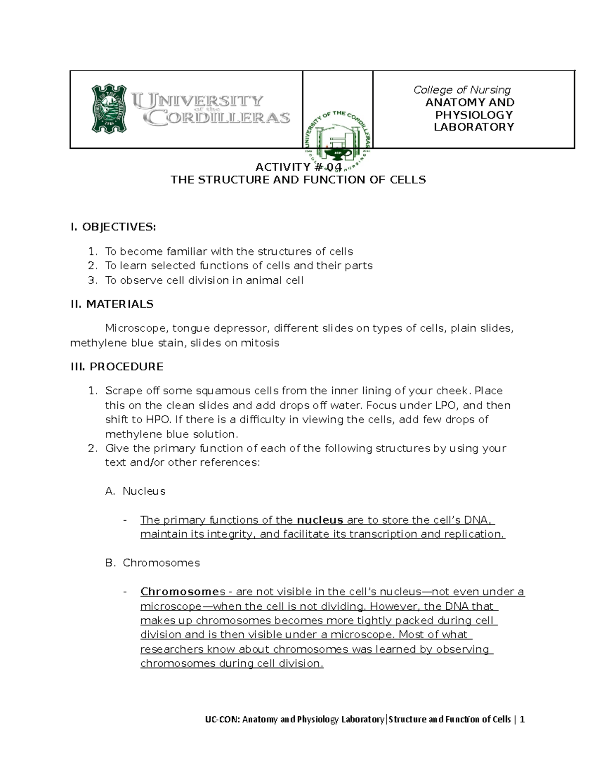04 Structure AND Function OF Cells - College of Nursing ANATOMY AND ...