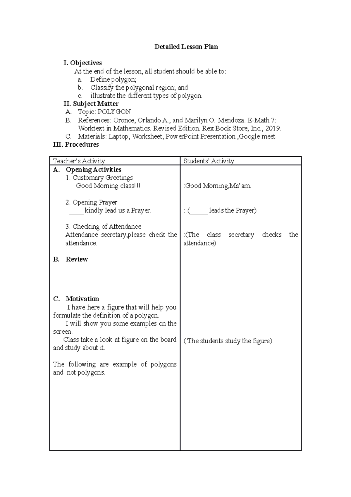 Detailed Lesson Plan Grade 8 Mathematics Quarter 3 Module 6 Detailed