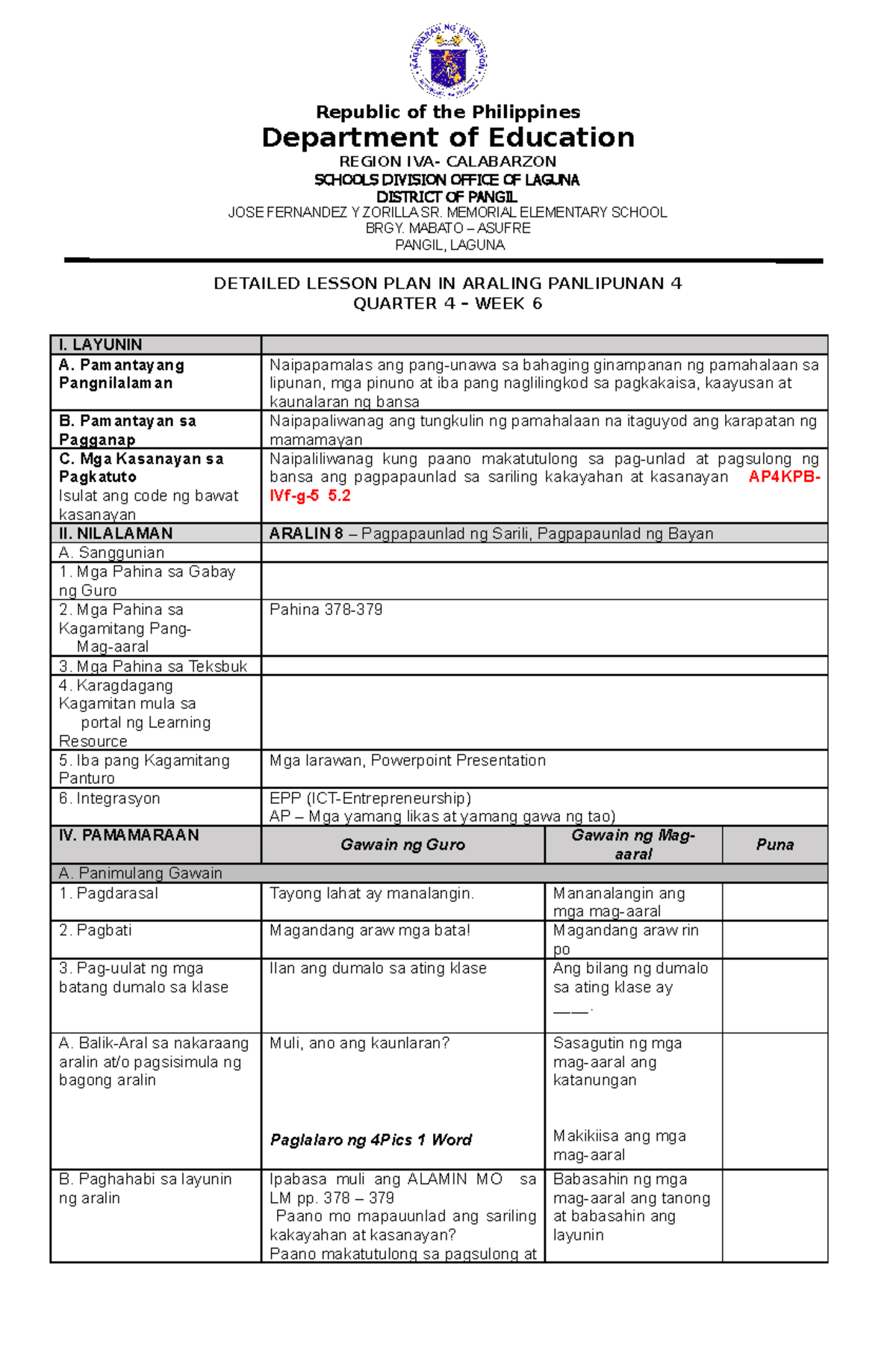 654873094 Detailed Lesson Plan in Araling Panlipunan 4 Dlp q4 ...