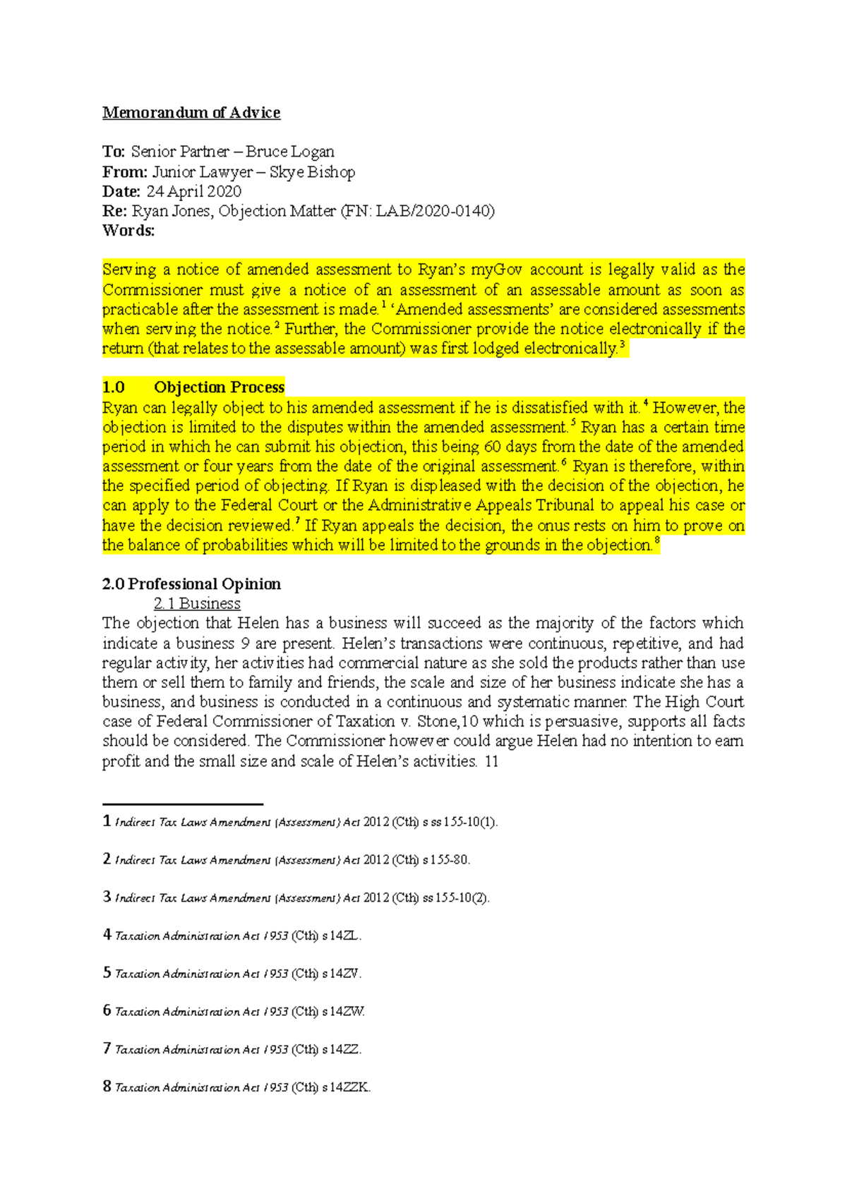Memorandum of Advice and Objection Letter - Memorandum of Advice To ...