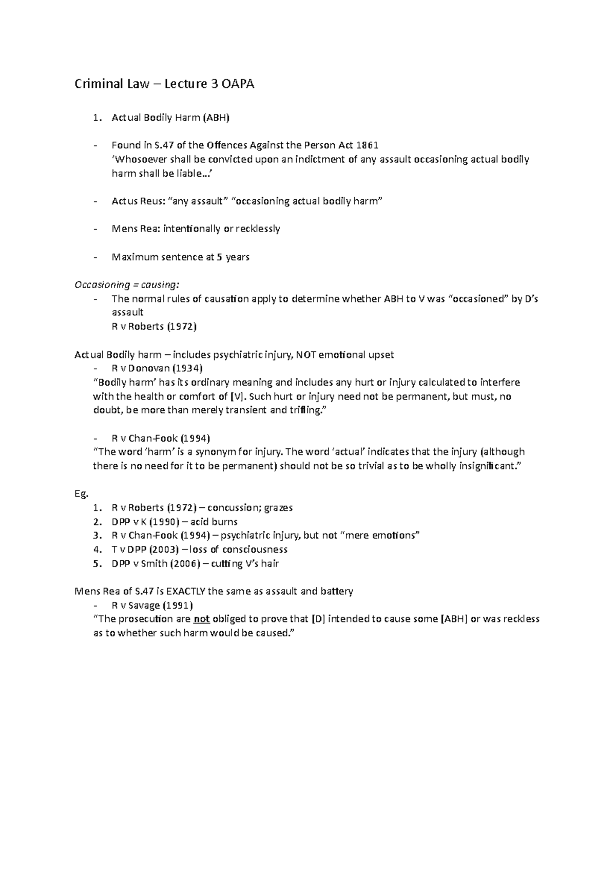 7. Offences Against the Person Act 1861 - Criminal Law – Lecture 3 OAPA ...