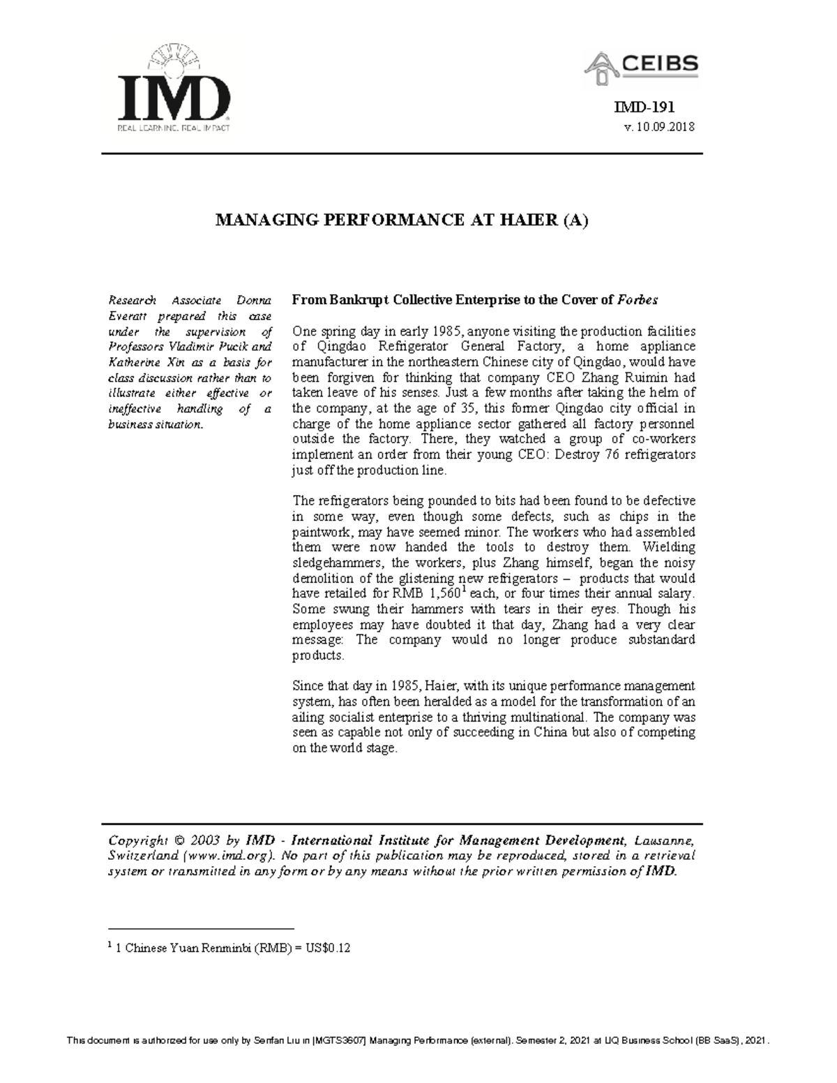 Haier performance management in America 's case part B - IMD- 191 v. 10 ... Haier performance management in America 's case part B - IMD- 191 v. 10 ...