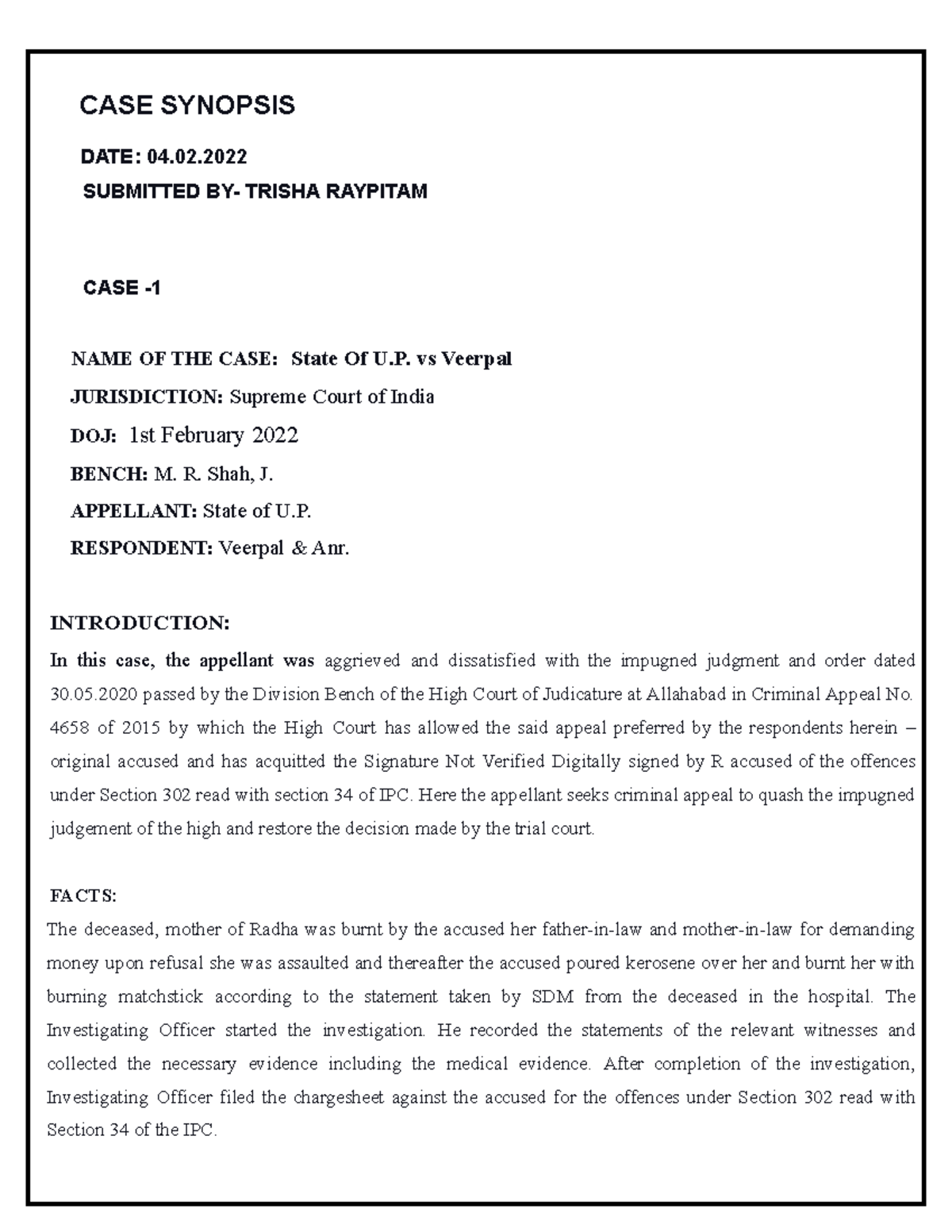 CASE Synopsis - Trisha Raypitam - CASE SYNOPSIS DATE: 04. SUBMITTED BY ...