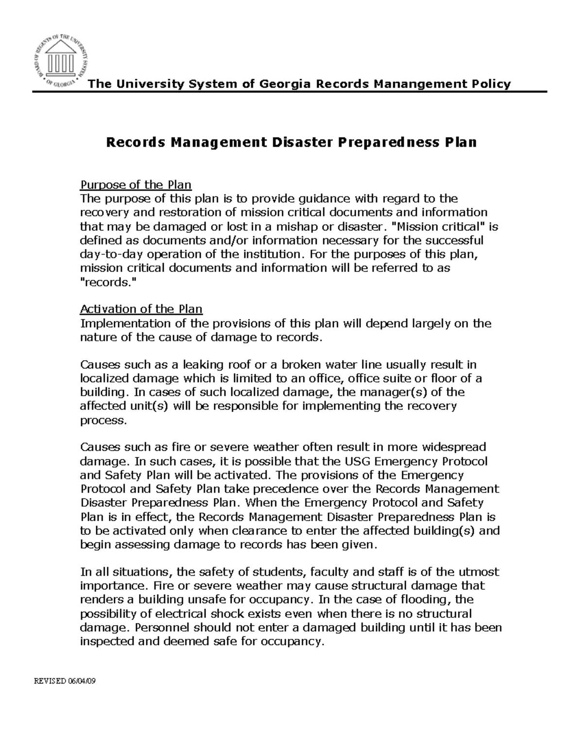 Disaster Preparedness Plan - The University System of Georgia Records ...