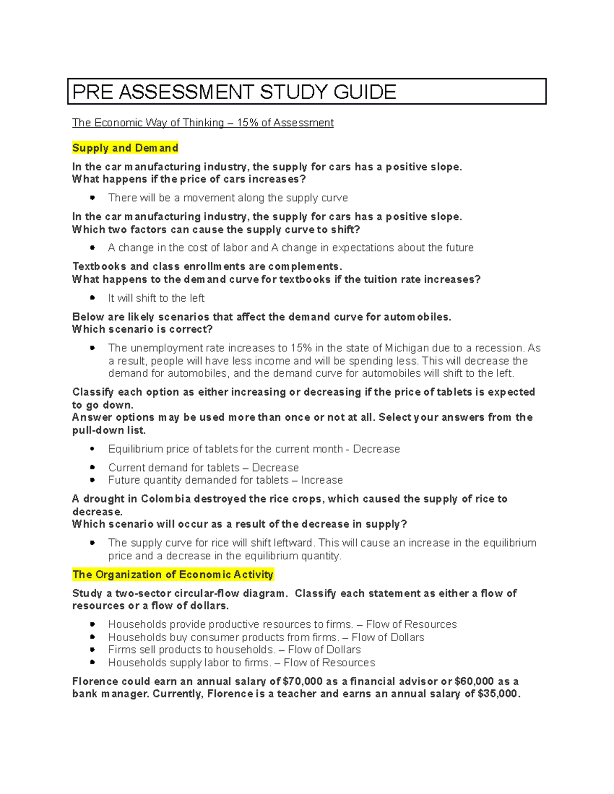 Pre Assessment Study Guide: Economic Way of Thinking Supply and Demand ...