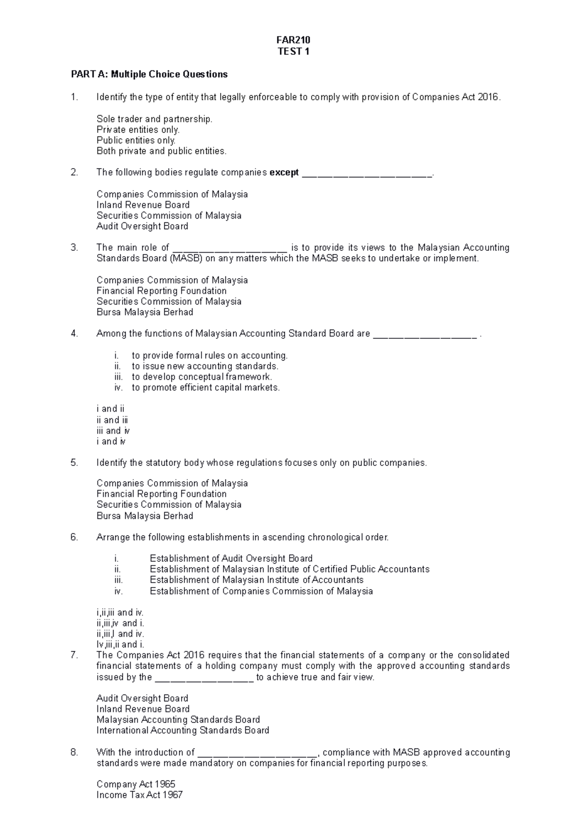 FAR210 TEST DEC2020 - try :) - FAR TEST 1 PART A: Multiple Choice ...