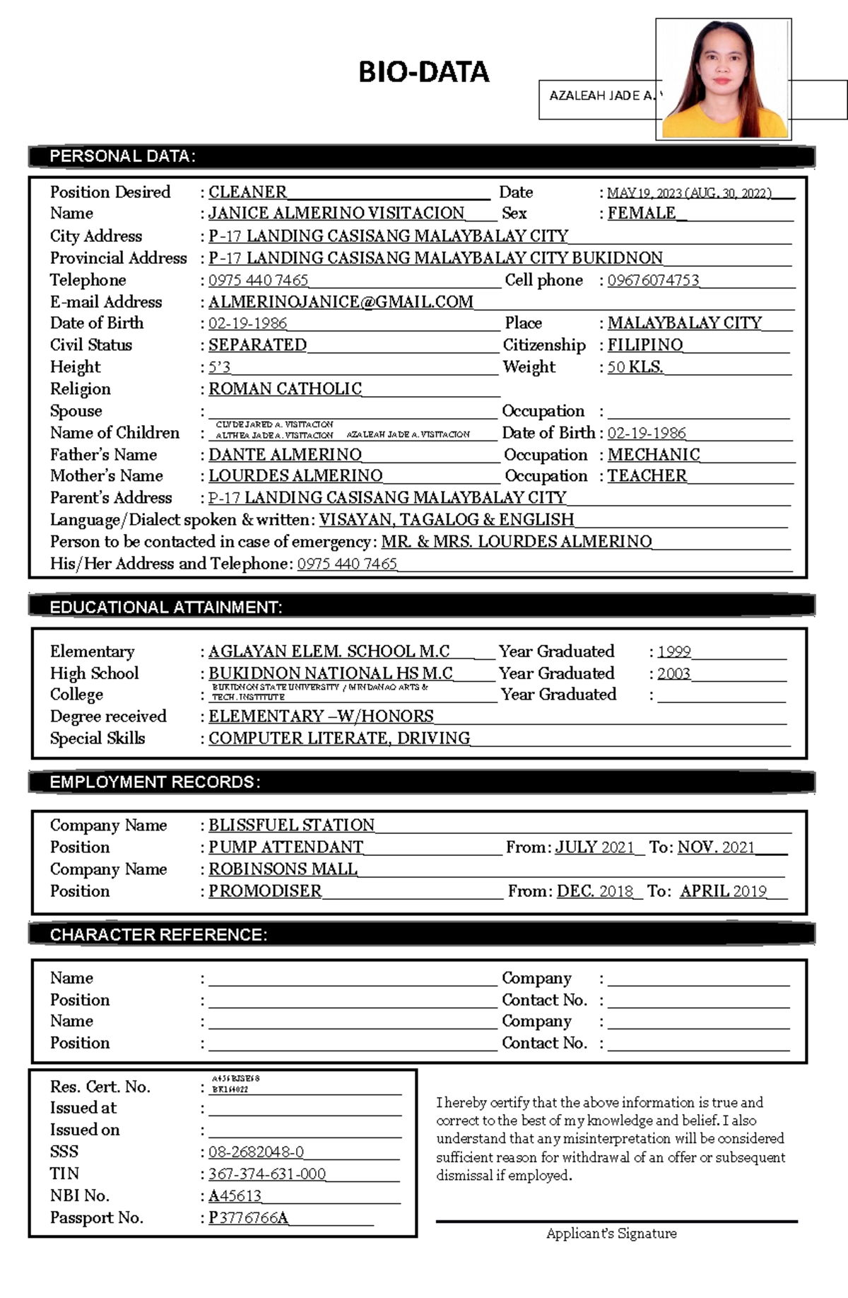 Biodata Format for Job - math - BIO-DATA PERSONAL DATA: Position ...