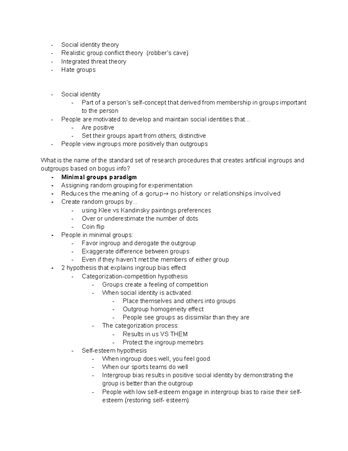 Lecture 8 notes - Social identity theory Realistic group conflict ...