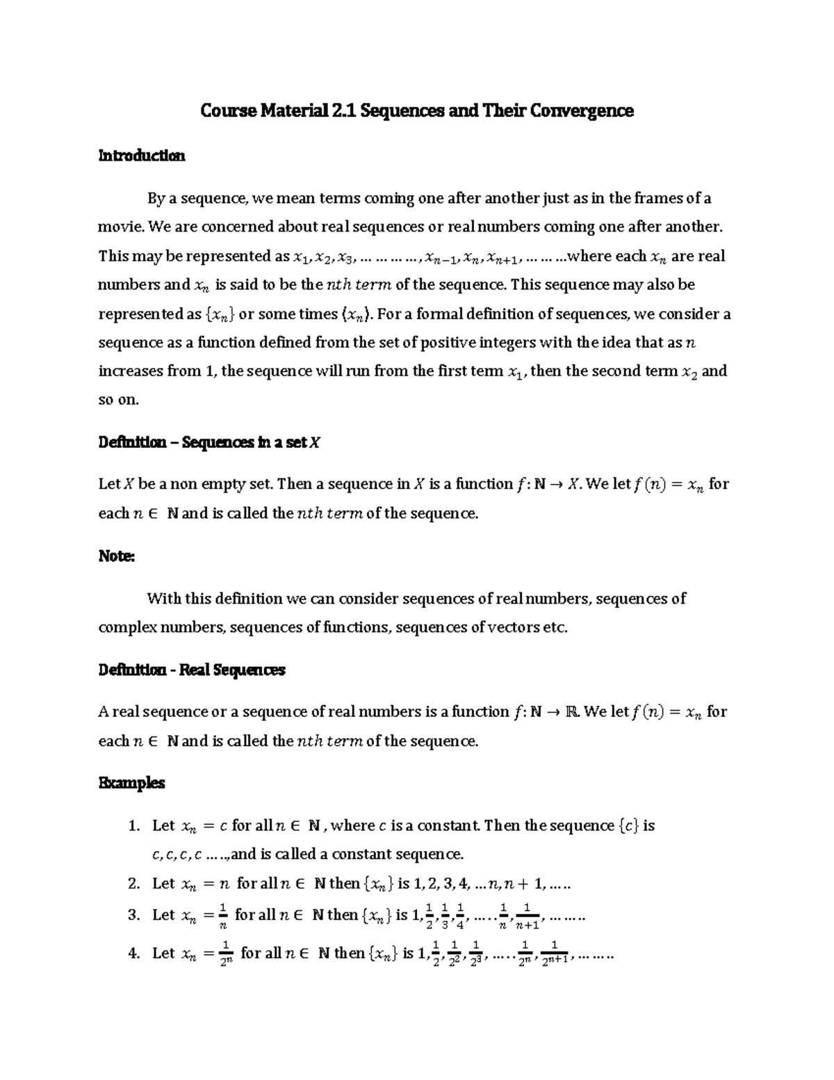 Sequences and Their Convergence - Course Material 2. 1 Sequences and ...