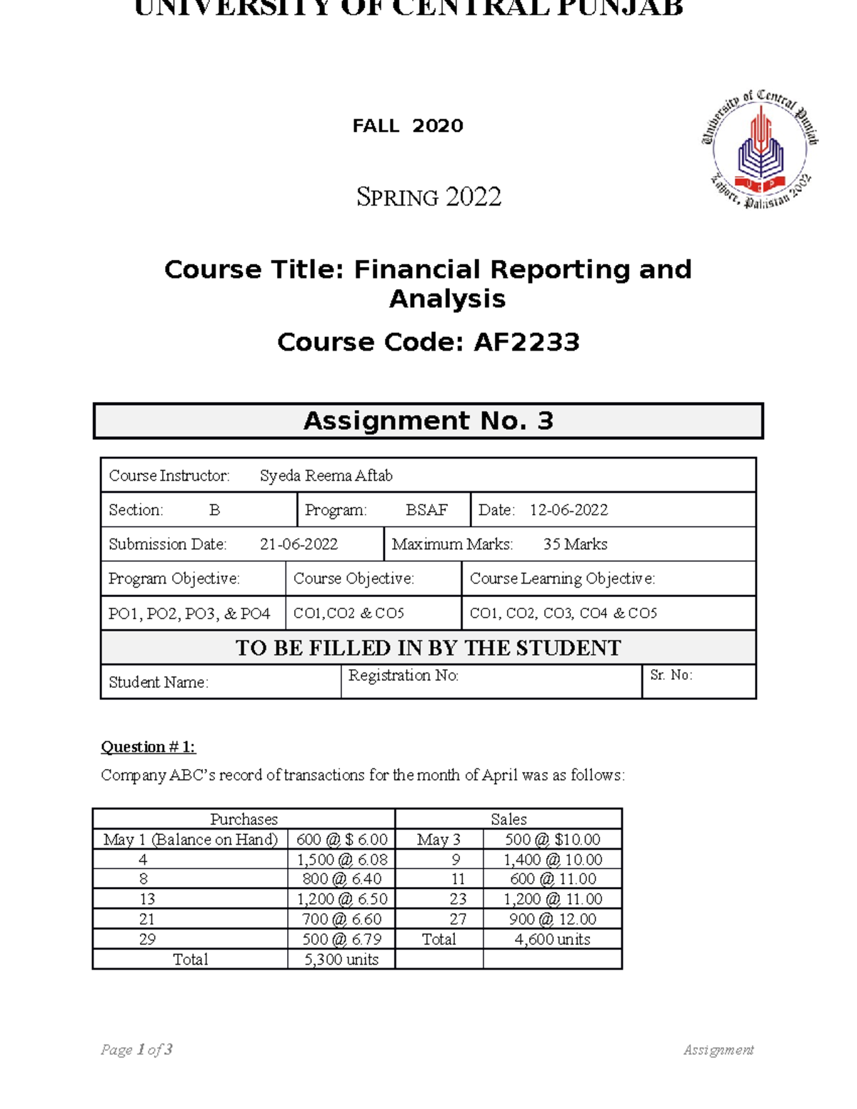 Financial Reporting Assignment 3 Sec B - UNIVERSITY OF CENTRAL PUNJAB ...
