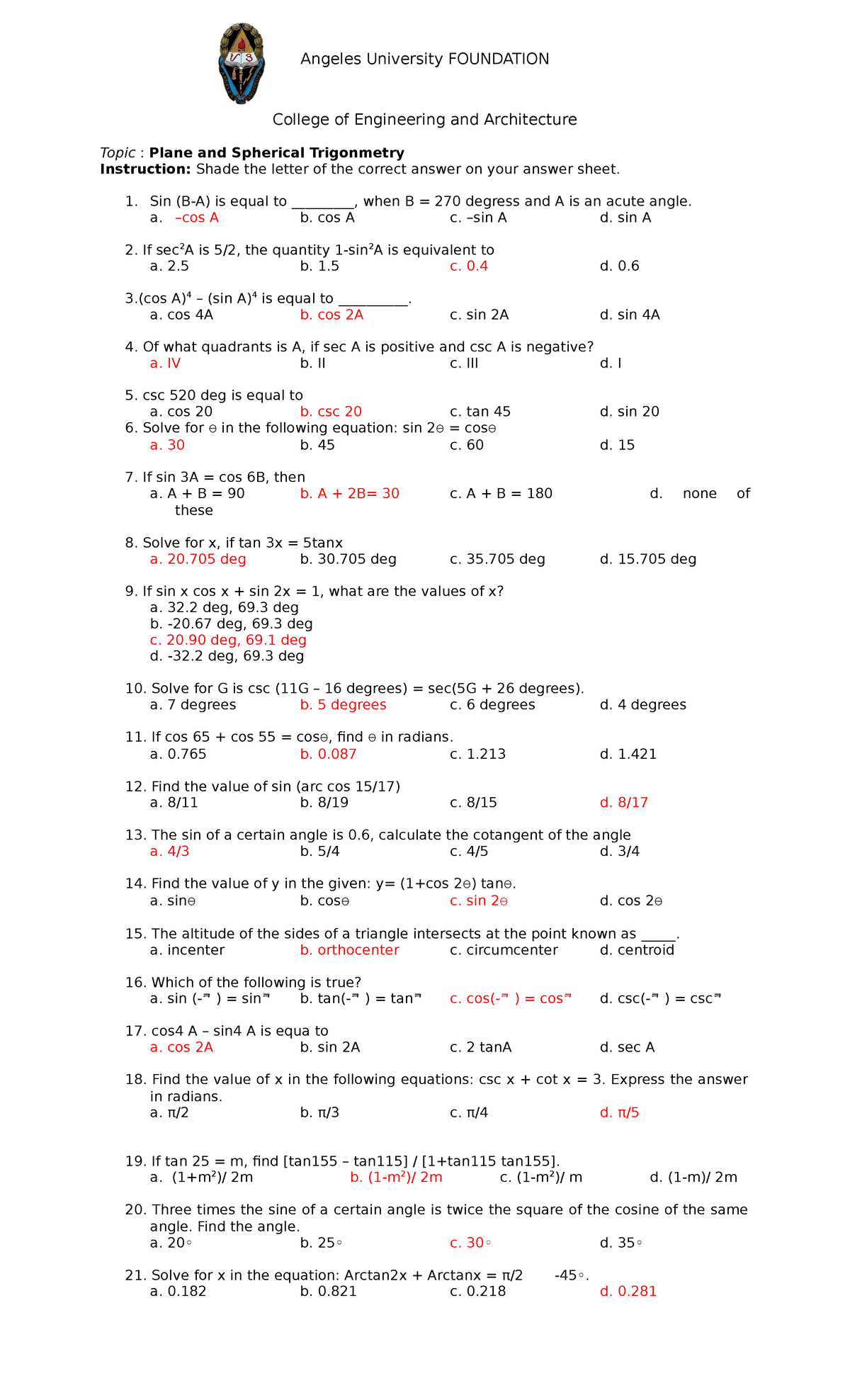 Trigonometry Practice - Angeles University FOUNDATION College of ...