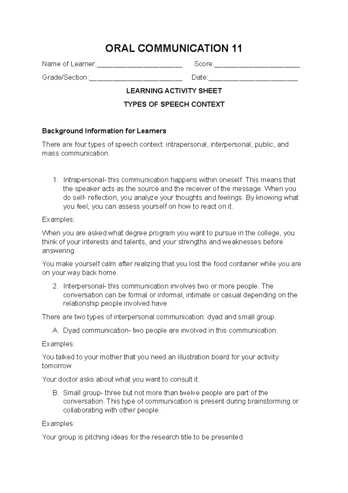 Oral Communication Sample Activities At Christina Verena Blog