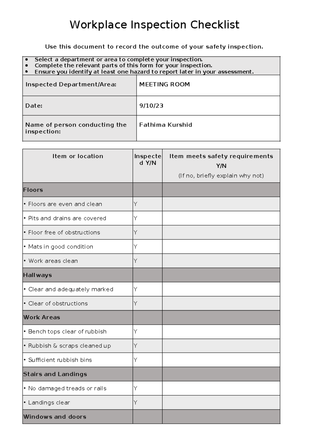 Bsbwhs 311 Workplace Inspection Checklist.v1.1 - Workplace Inspection ...
