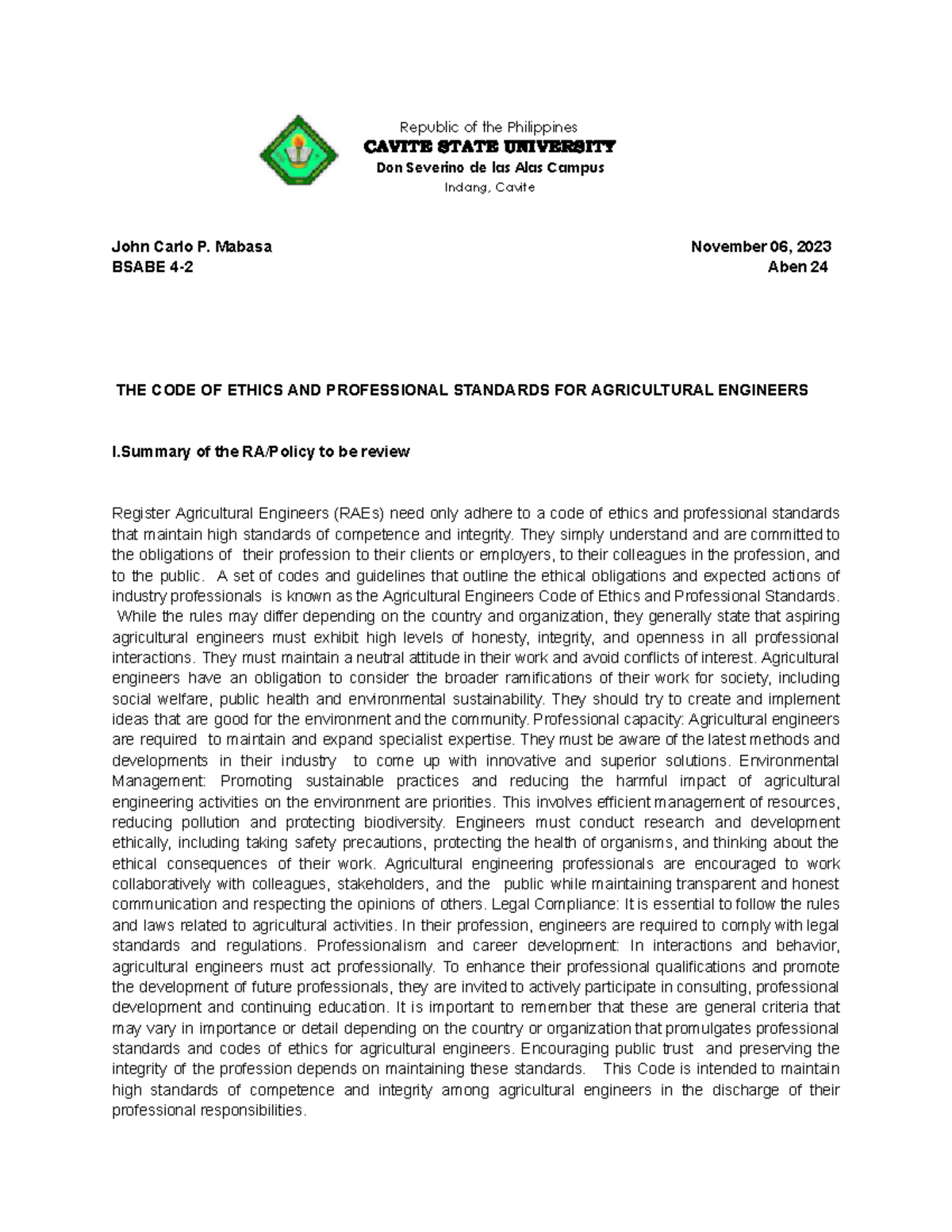 Position paper 1 Code of Ethics mabasa - Republic of the Philippines ...