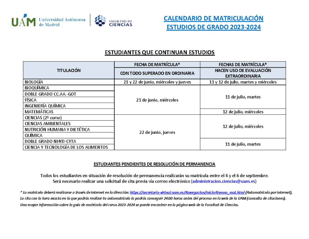01 Calendario Grado 2324 - CALENDARIO DE MATRICULACIÓN ESTUDIOS DE ...