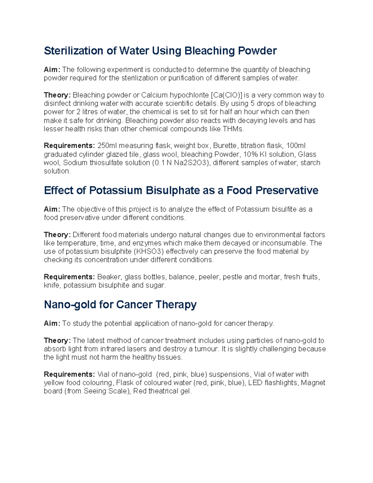 Chem project - Sterilization of Water Using Bleaching Powder Aim: The ...