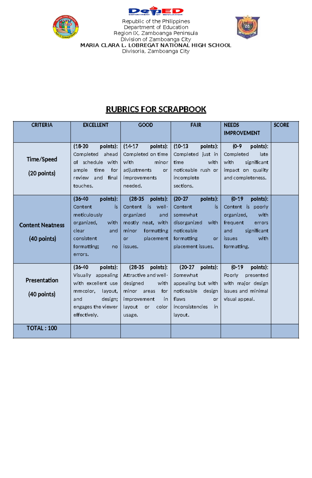 Rubrics-FOR- Scrapbook - Republic of the Philippines Department of ...