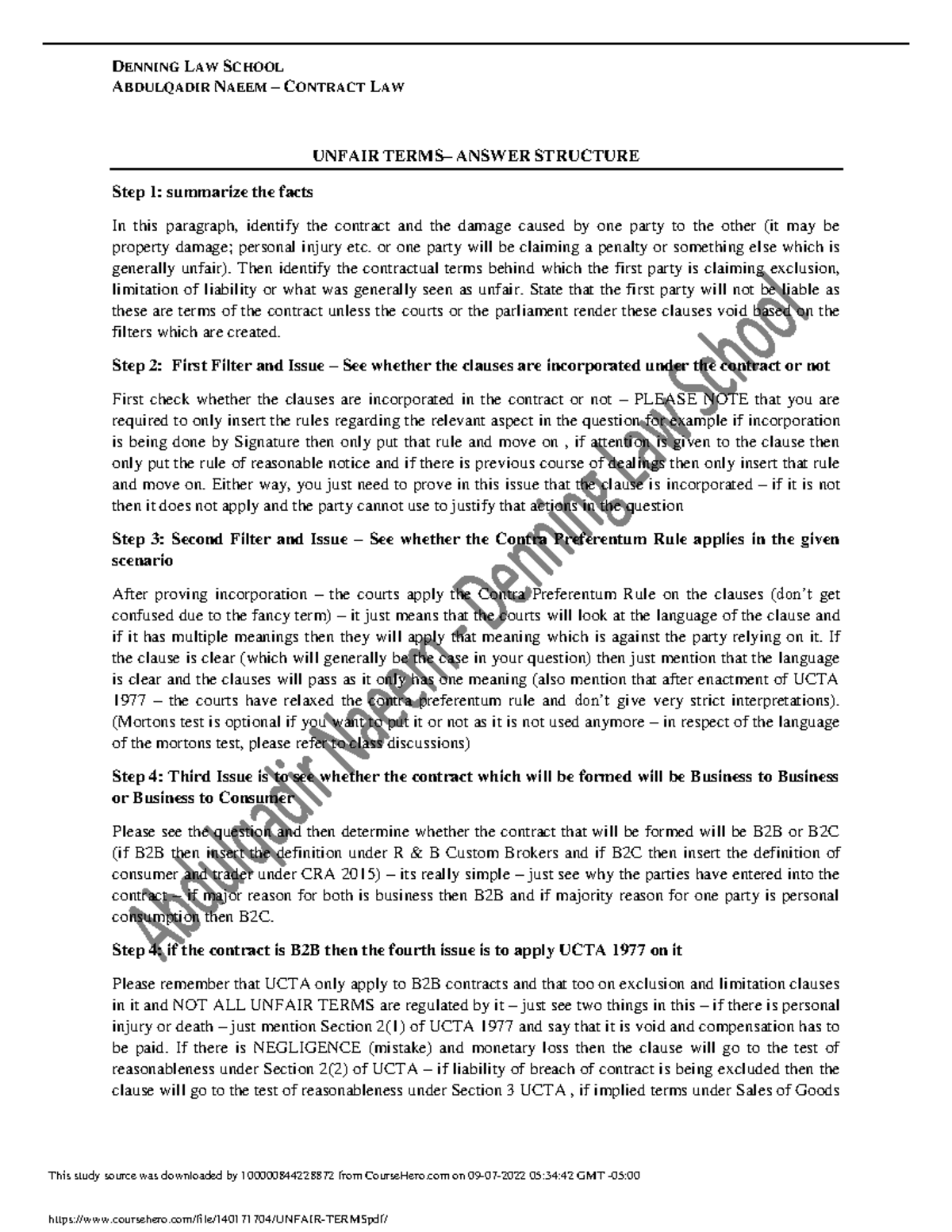 Unfair Terms - DENNING LAW SCHOOL ABDULQADIR NAEEM – CONTRACT LAW ...