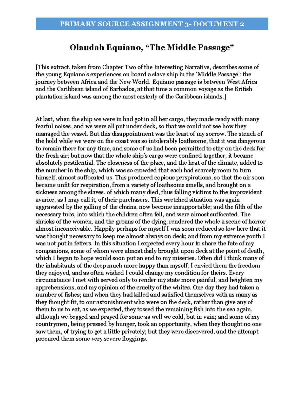 Olaudah Equiano, “The Middle Passage” - Equiano passage is between West ...