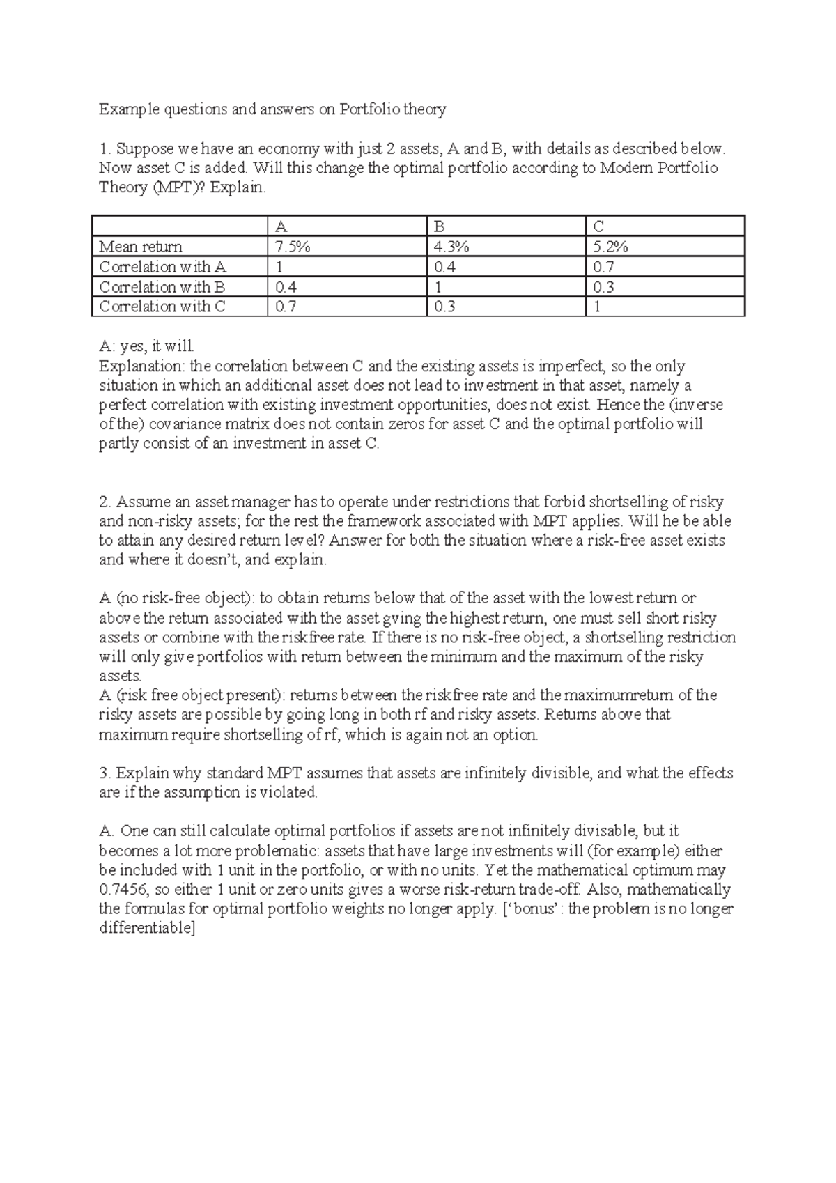 Compulsory declarations, Example questions and answers on Portfolio Theory - Example questions ...
