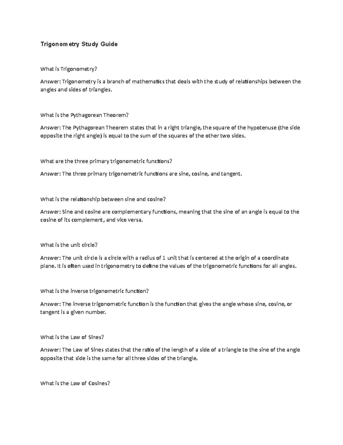 Trigonometry Study Guide - What is the Pythagorean Theorem?Answer: The ...