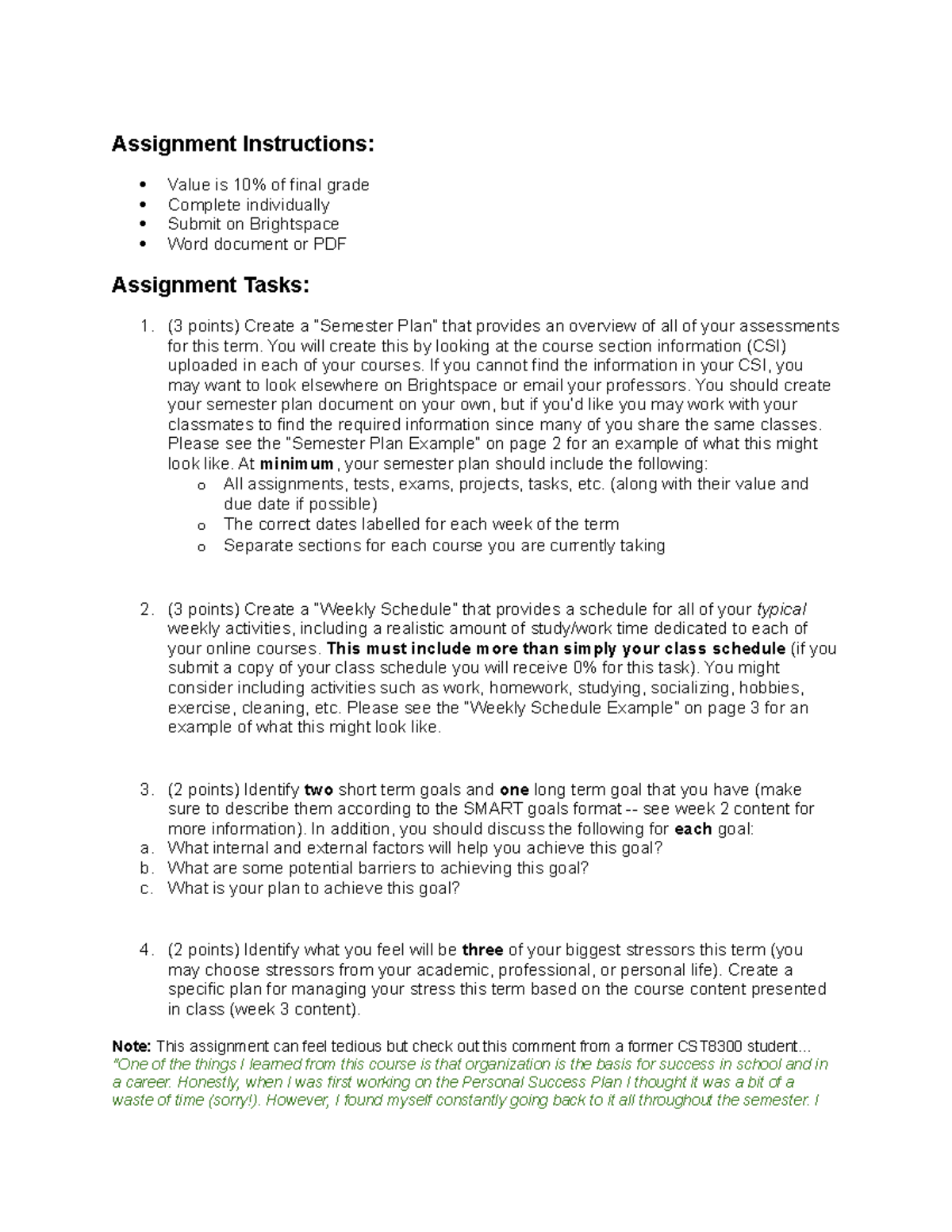 Week 3-Personal Success Plan-Assignment Instructions - Assignment Instructions: Value is 10% of ...