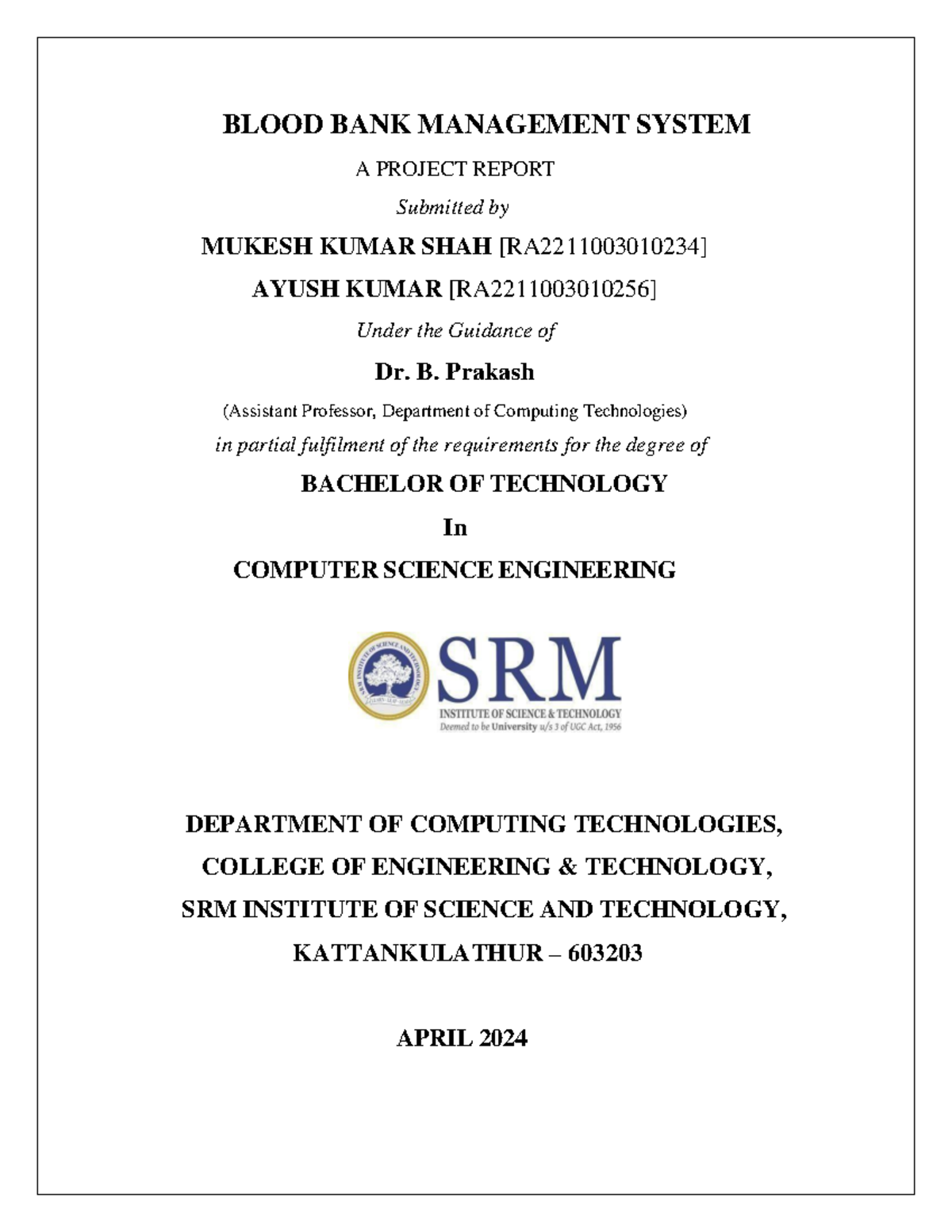 Report DBMS new - BLOOD BANK MANAGEMENT SYSTEM A PROJECT REPORT ...