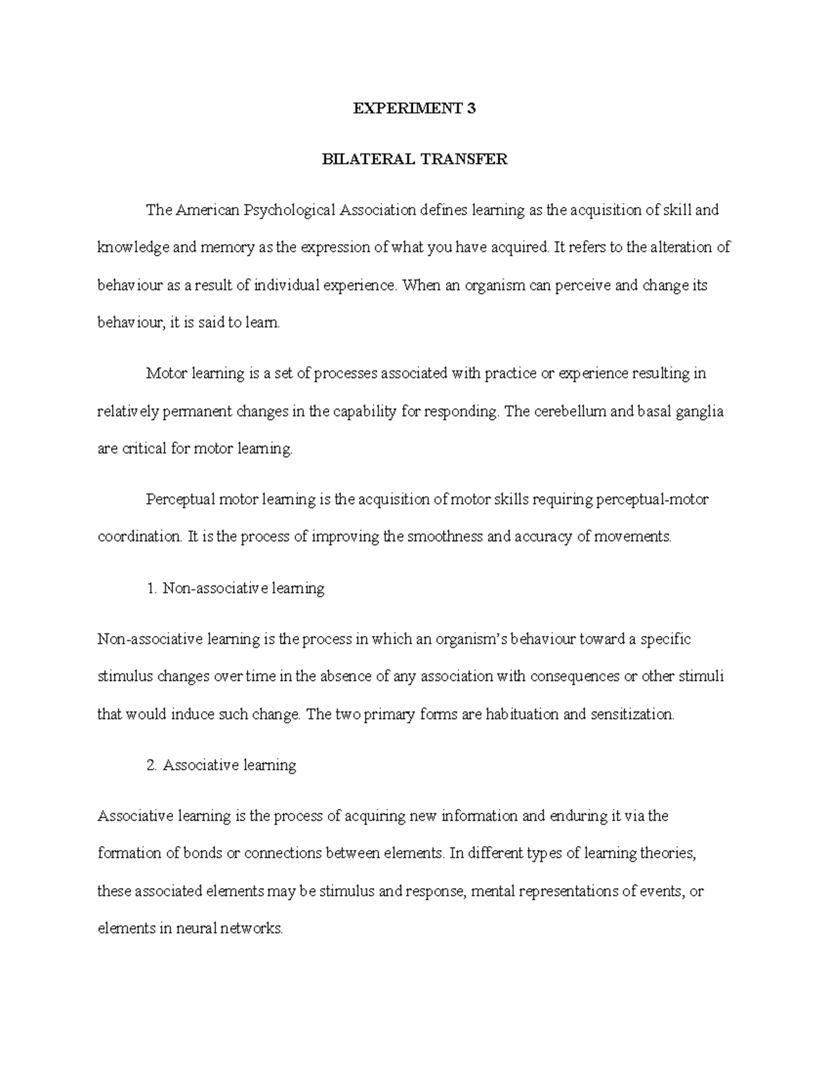 Bilateral Transfer Experiment - EXPERIMENT 3 BILATERAL TRANSFER The ...