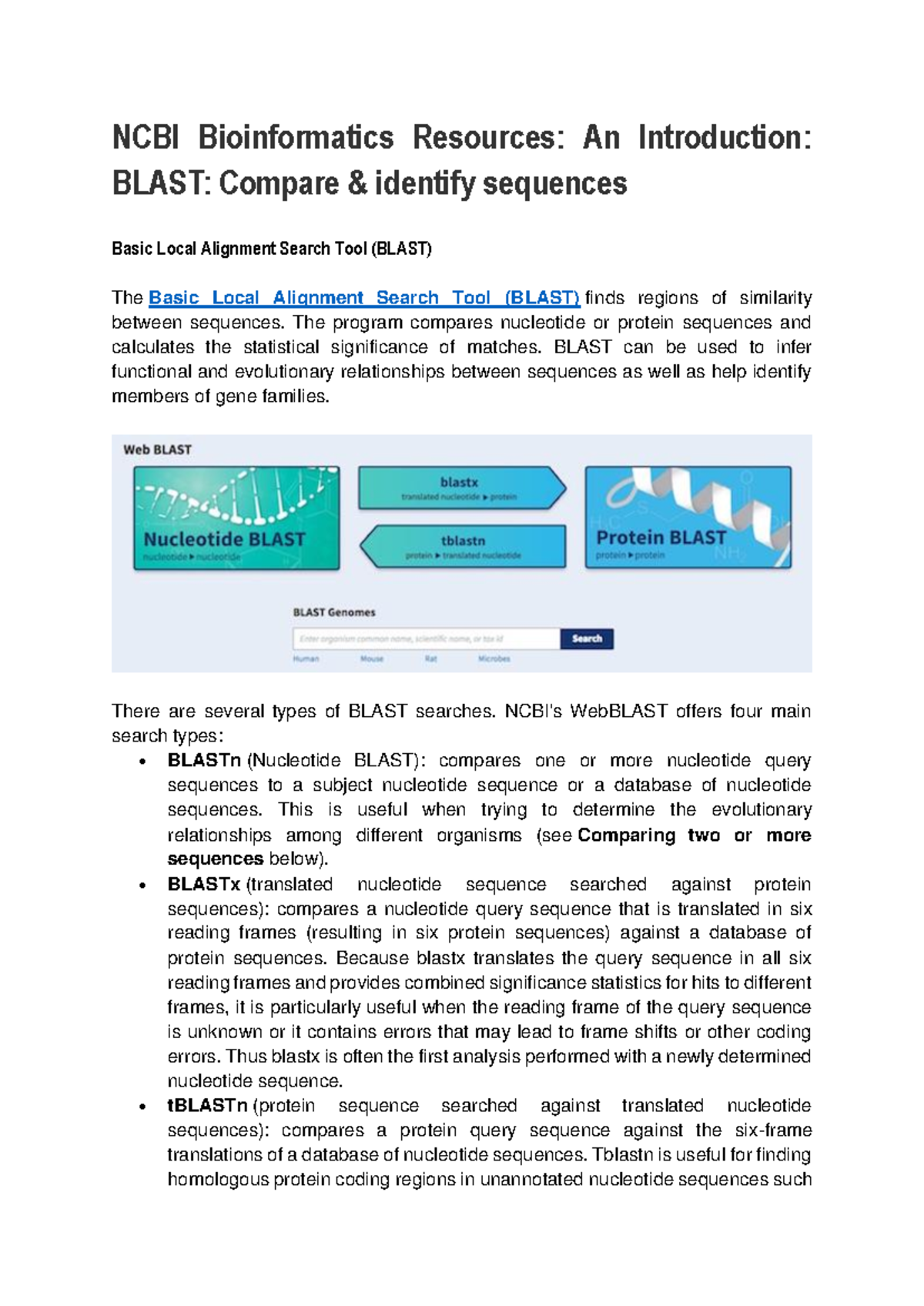 BLAST Practical - NCBI Bioinformatics Resources: An Introduction: BLAST: Compare & identify ...