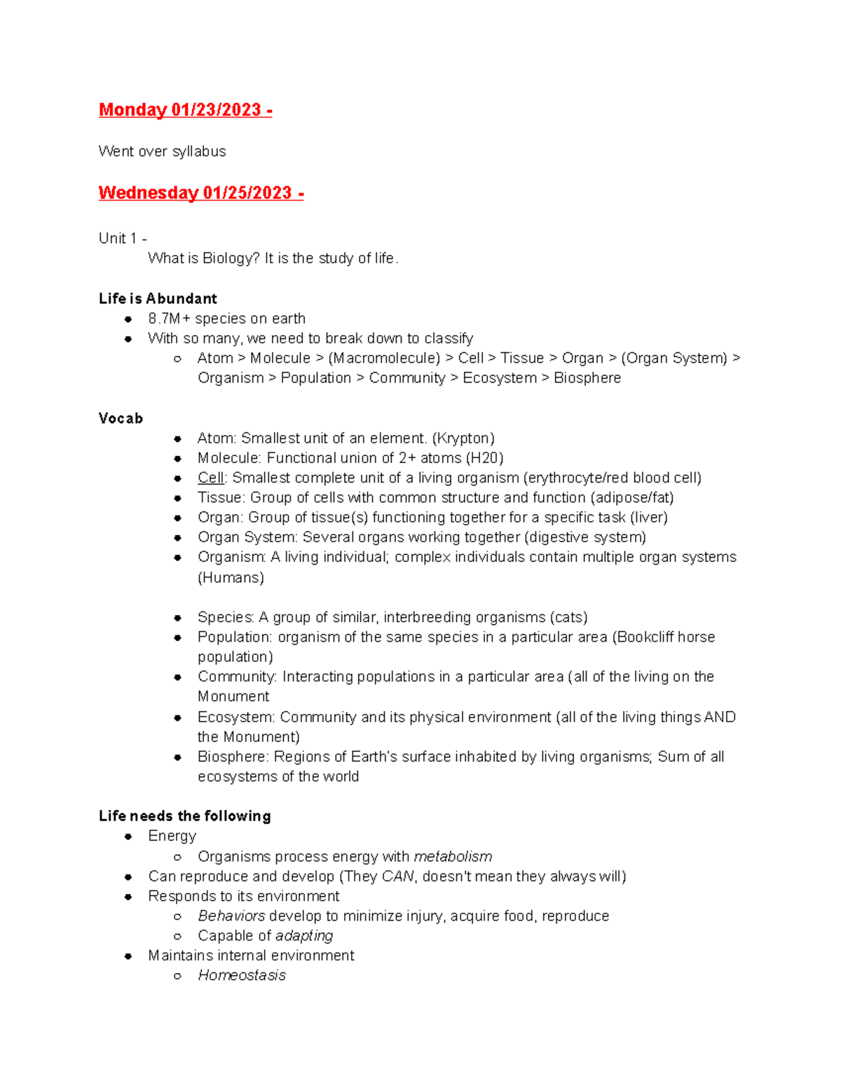 Week 1 - Biology - Monday 01/23/2023 - Went over syllabus Wednesday 01 ...