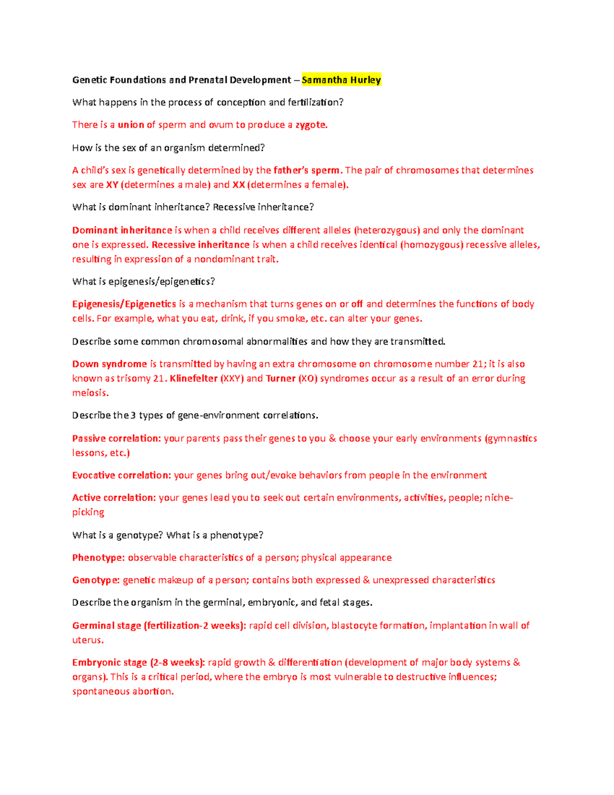 Study Guide 1 Ch 3 - Genetic Foundations and Prenatal Development ...