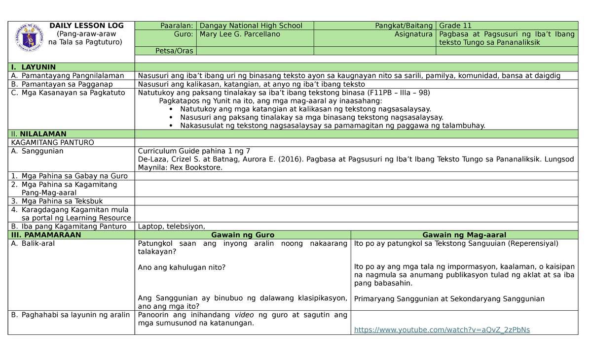 Daily Lesson LOG ( Naratibo) - DAILY LESSON LOG (Pang-araw-araw na Tala ...