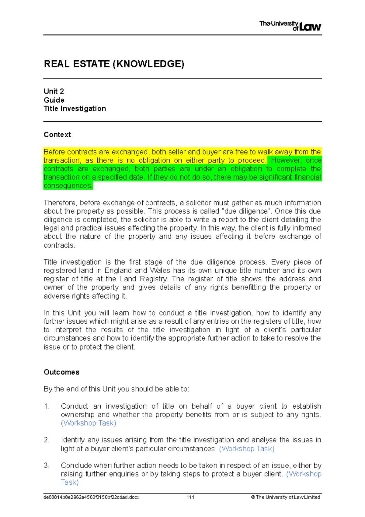 Workshop 2 - REAL ESTATE (KNOWLEDGE) Unit 2 Guide Title Investigation ...