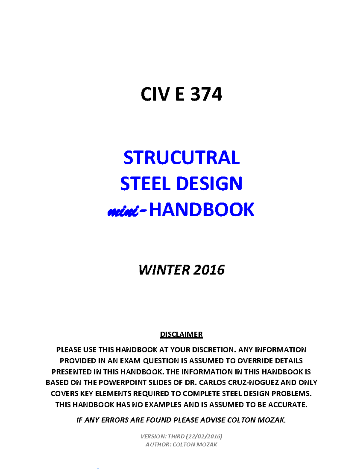 CIV E 374 Structural Steel Design mini- Handbook - VERSION: THIRD ( 22 ...