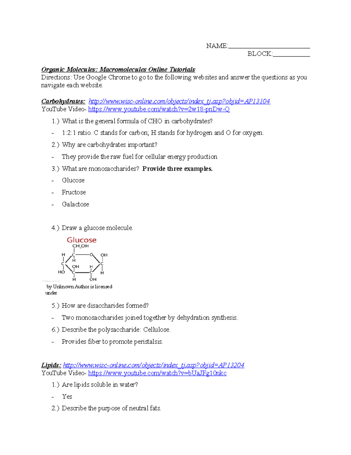 Macromolecule Webquest - NAME: BLOCK: Organic Molecules: Macromolecules ...