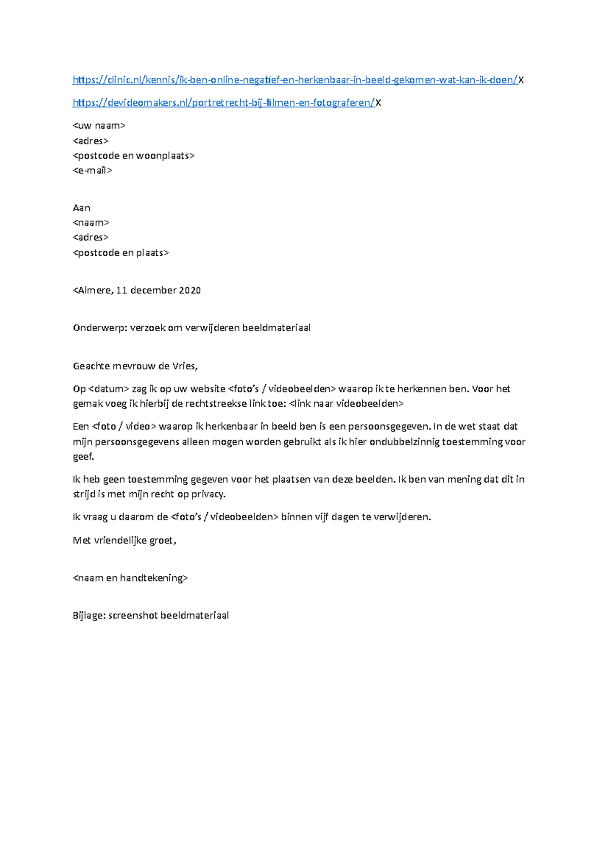 Voorbeeldbrief verzoek om verwijderen beeldmateriaal - - Studeersnel