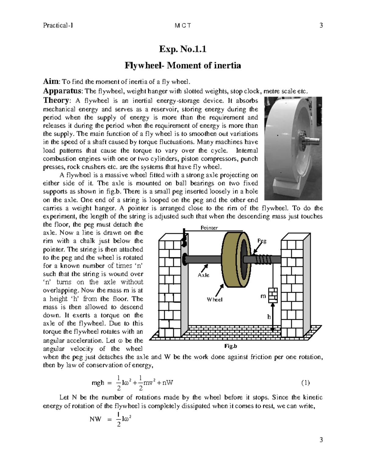 Practical paper-1 - Bnjk - Practical-I M C T 3 3 Exp. No. Flywheel ...