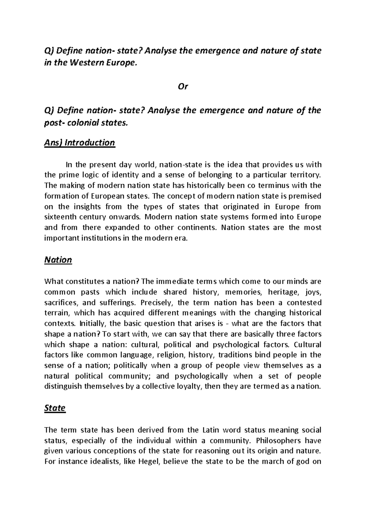 Nation State Evolution and Debates pdf - Q) Define nation- state ...