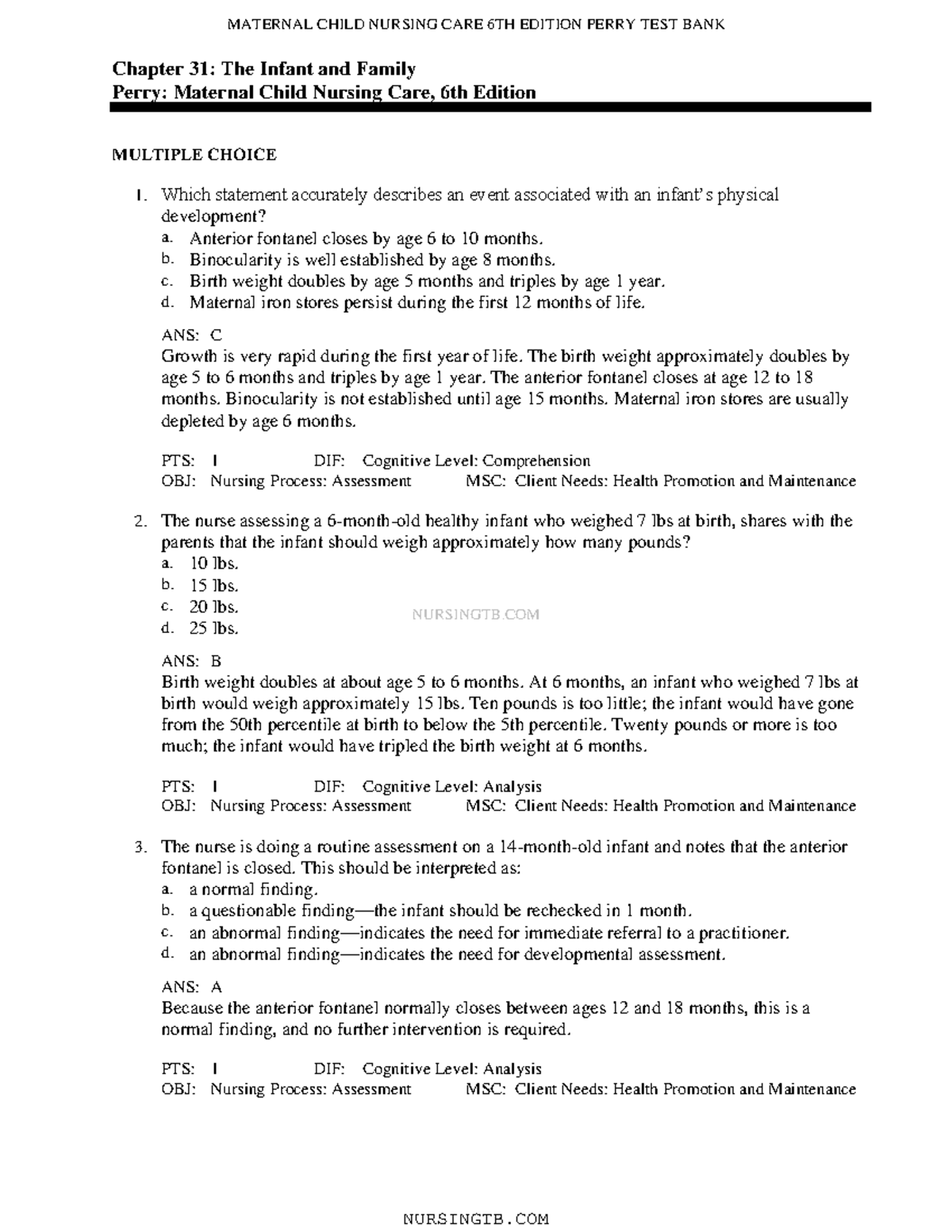 C31 - Test Bank - NURSINGTB Chapter 31: The Infant and Family Perry ...