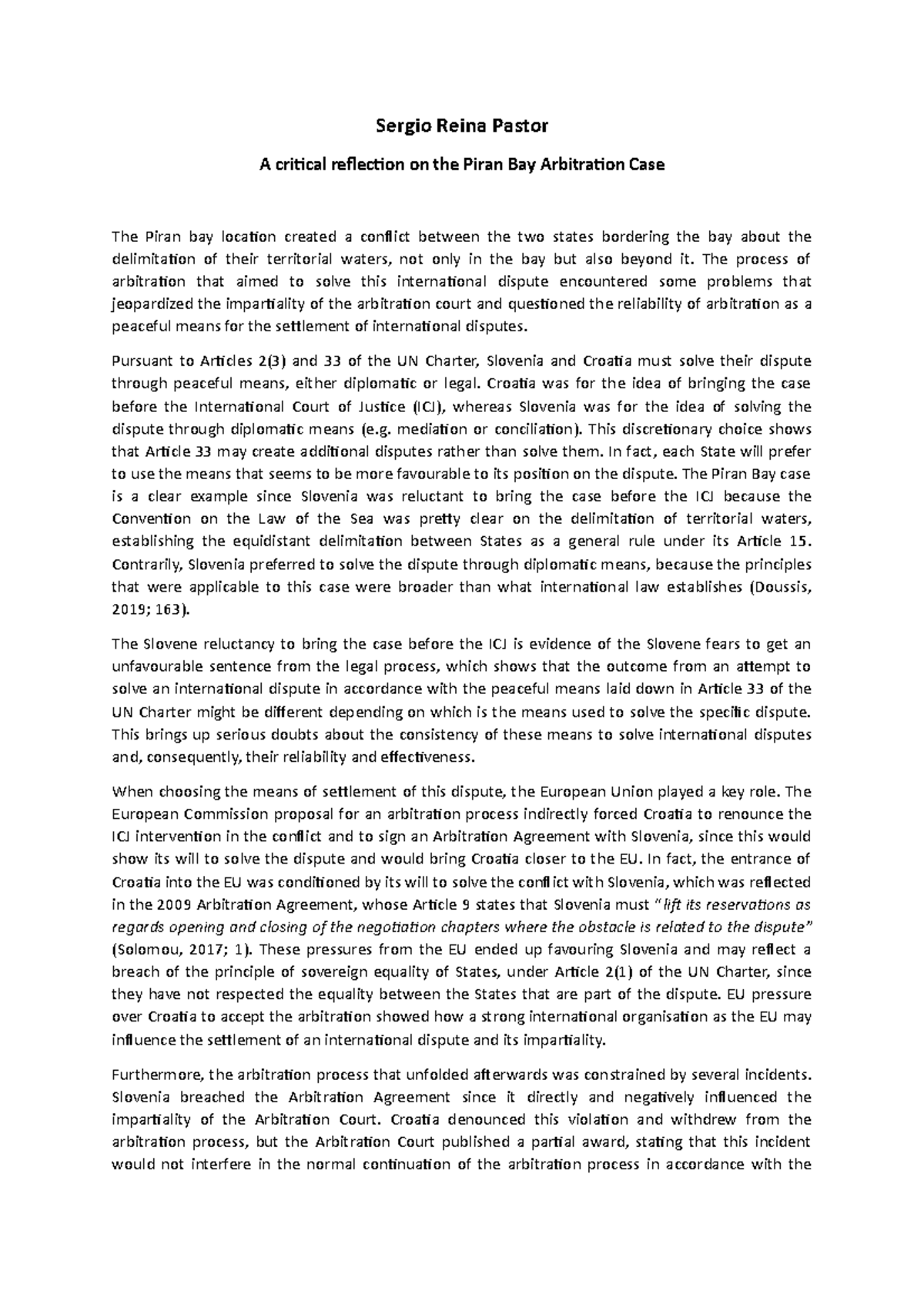 Critical Reflection on the Piran Bay Arbitration Case - The process of ...