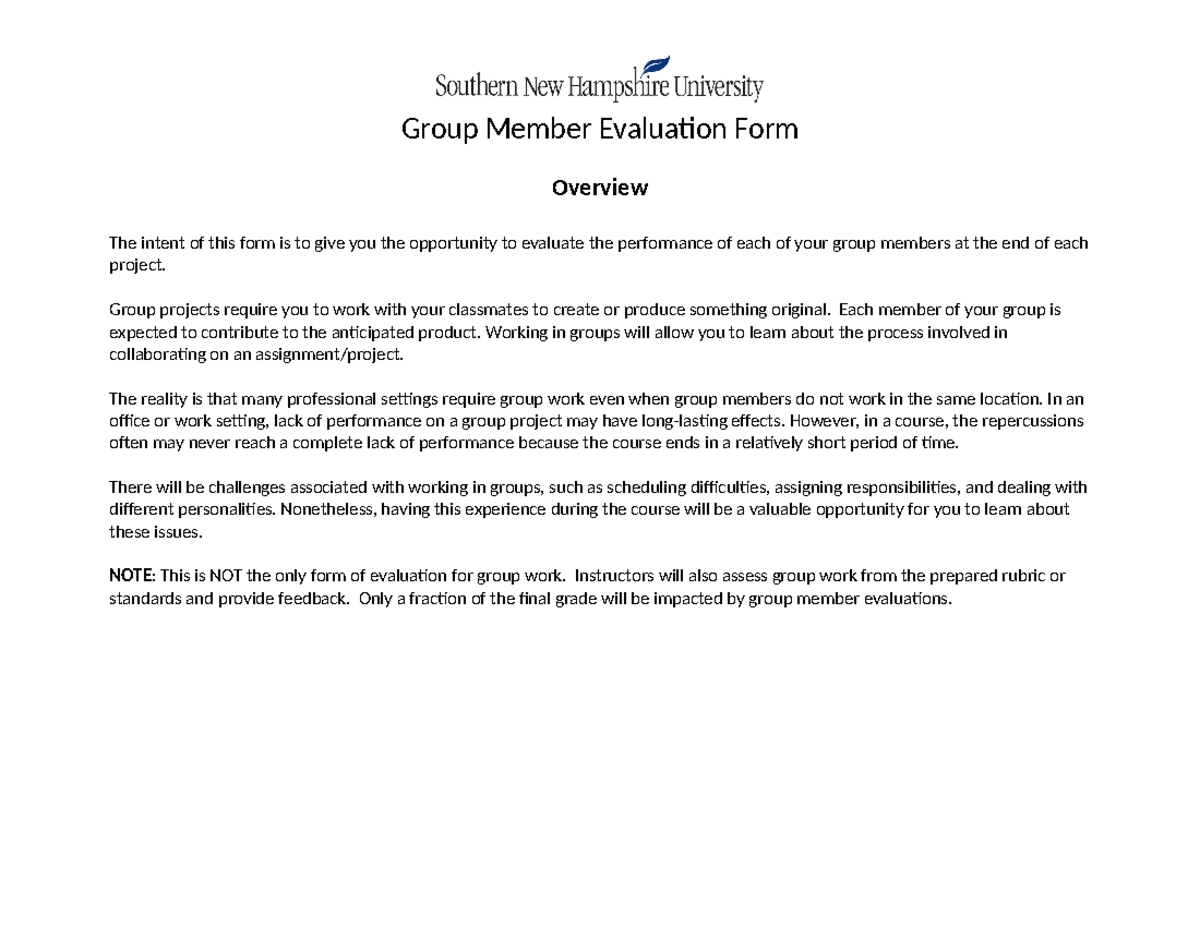 Group Member Evaluation Form Final - Group Member Evaluation Form ...