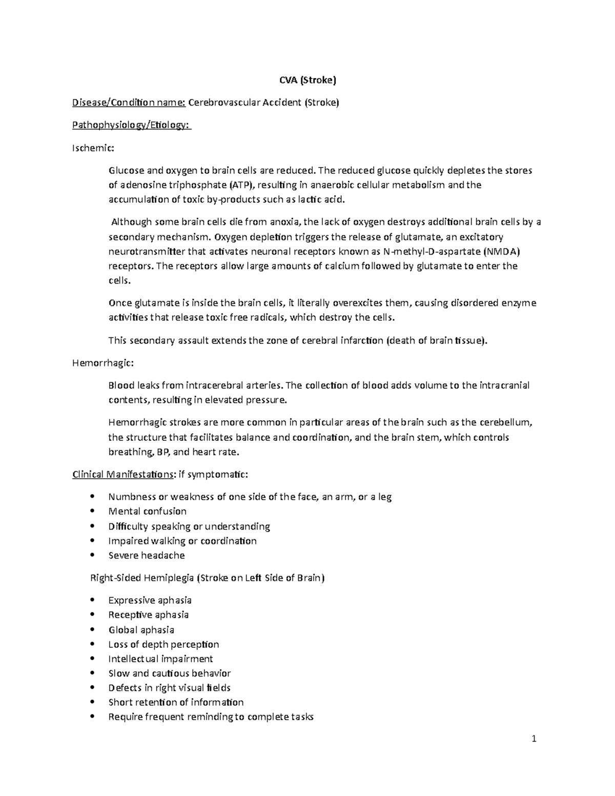 CVA - Stroke information summary - CVA (Stroke) Disease/Condition name ...