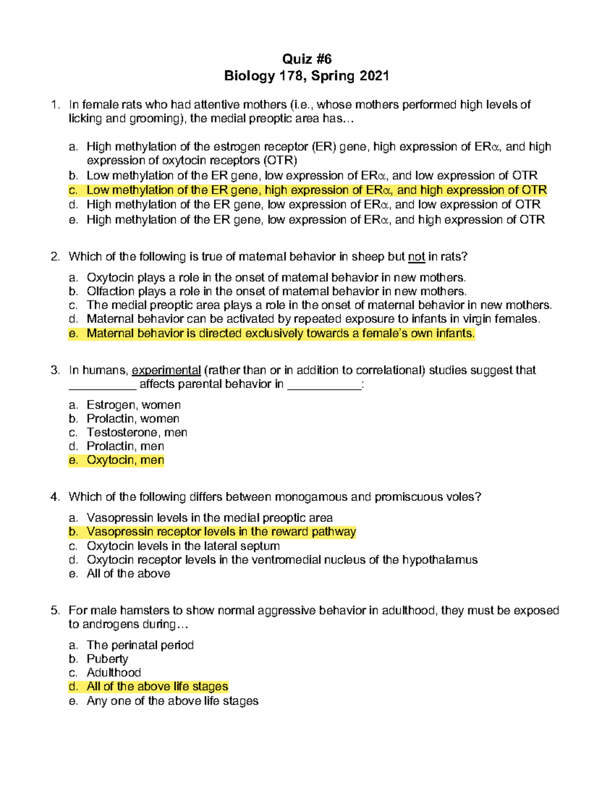 Quiz 6 Bio 178 Spring 2021 - Quiz # 6 Biology 178, Spring 2021 In ...