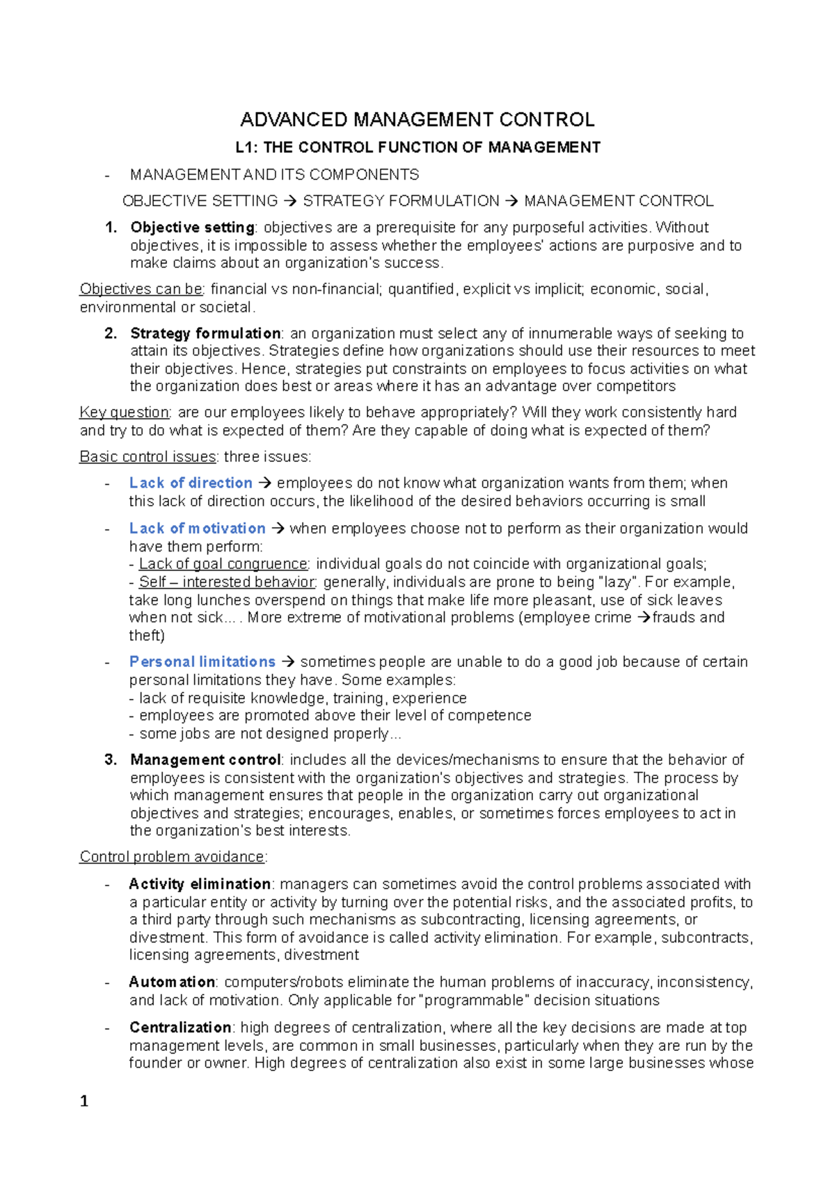 Advanced Management Control - ADVANCED MANAGEMENT CONTROL L1: THE ...