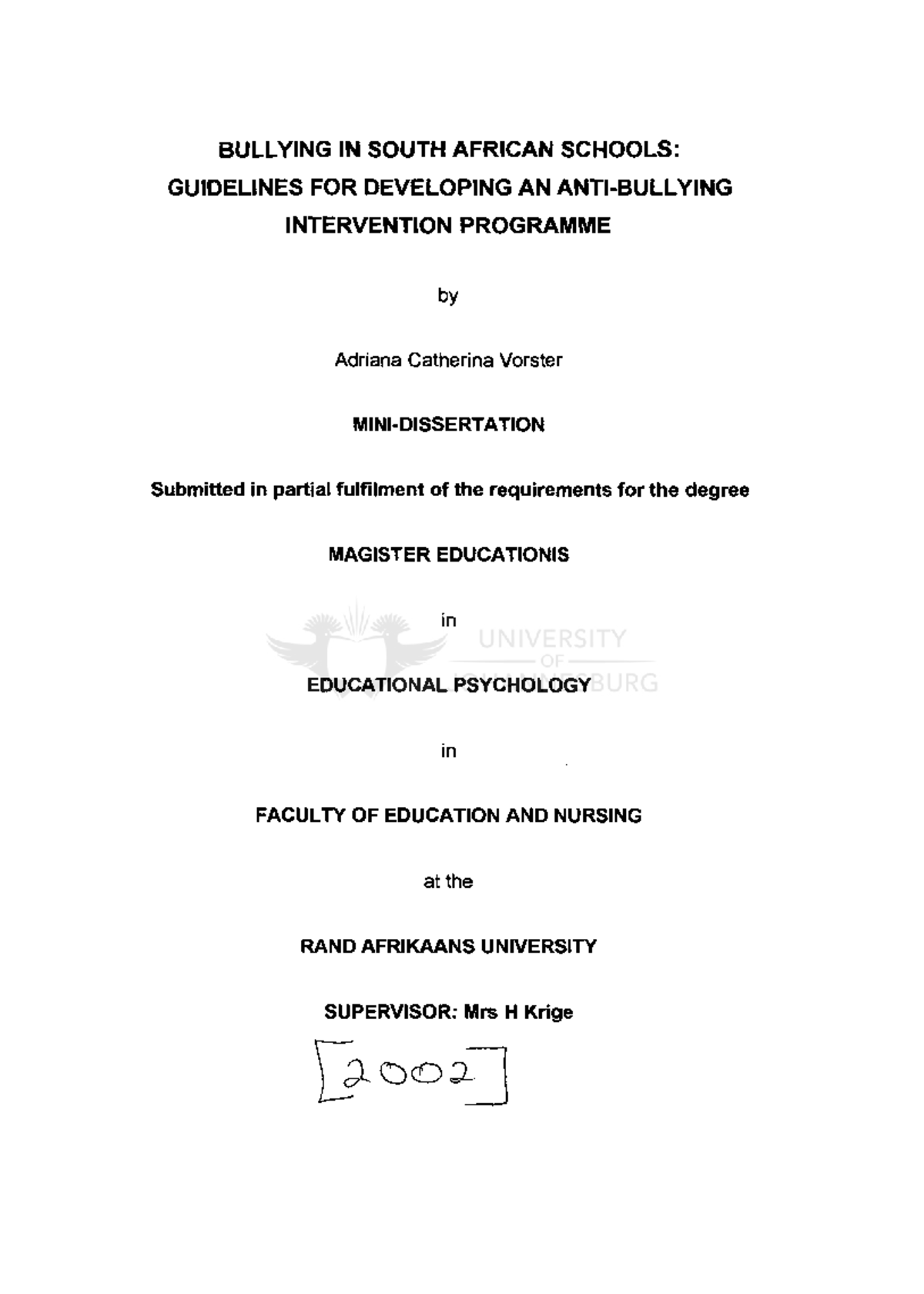 EALT bullying essay - BULLYING IN SOUTH AFRICAN SCHOOLS: GUIDELINES FOR ...