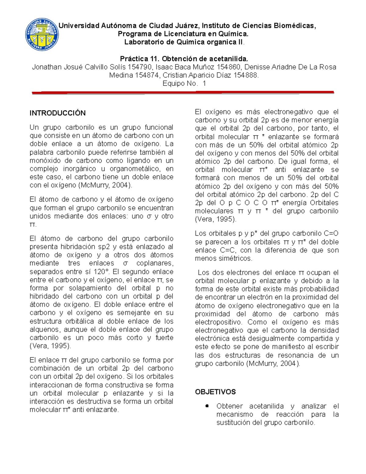 Laboratorio de quimica organica II - 11. de acetanilida. Jonathan ...