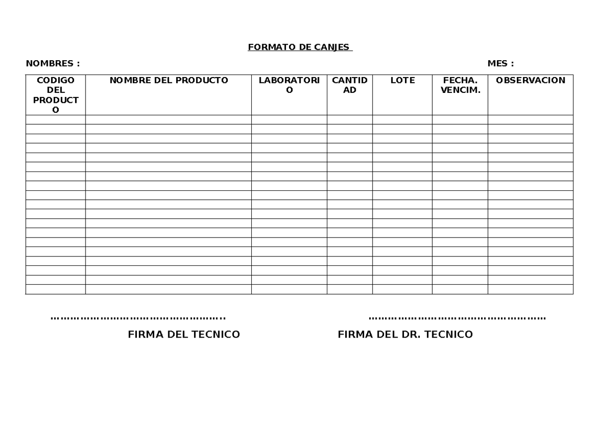 Canje - trabajos - FORMATO DE CANJES NOMBRES : MES : CODIGO DEL PRODUCT ...